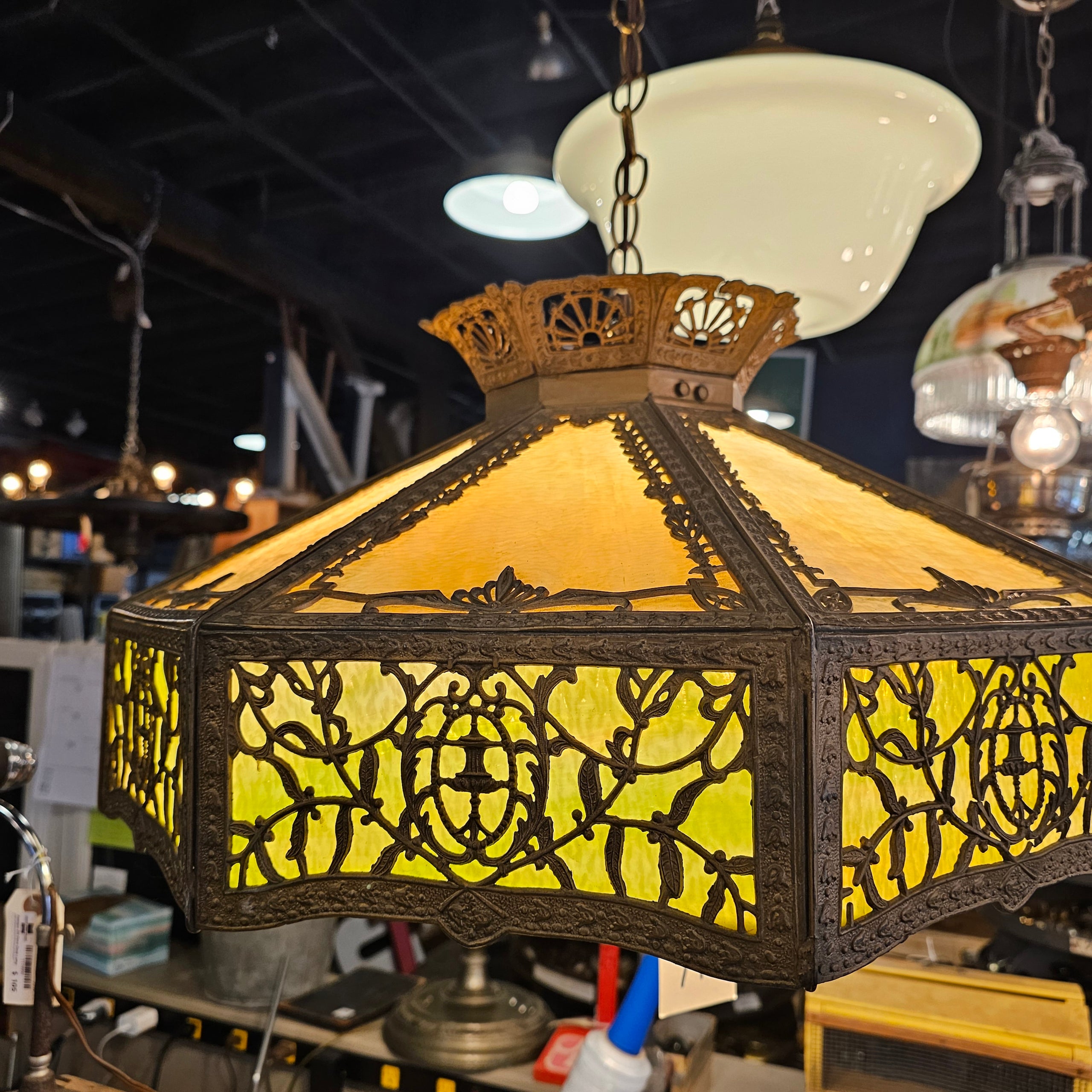 Antique Ornate Metal Green Slag Light | Madison Street Salvage